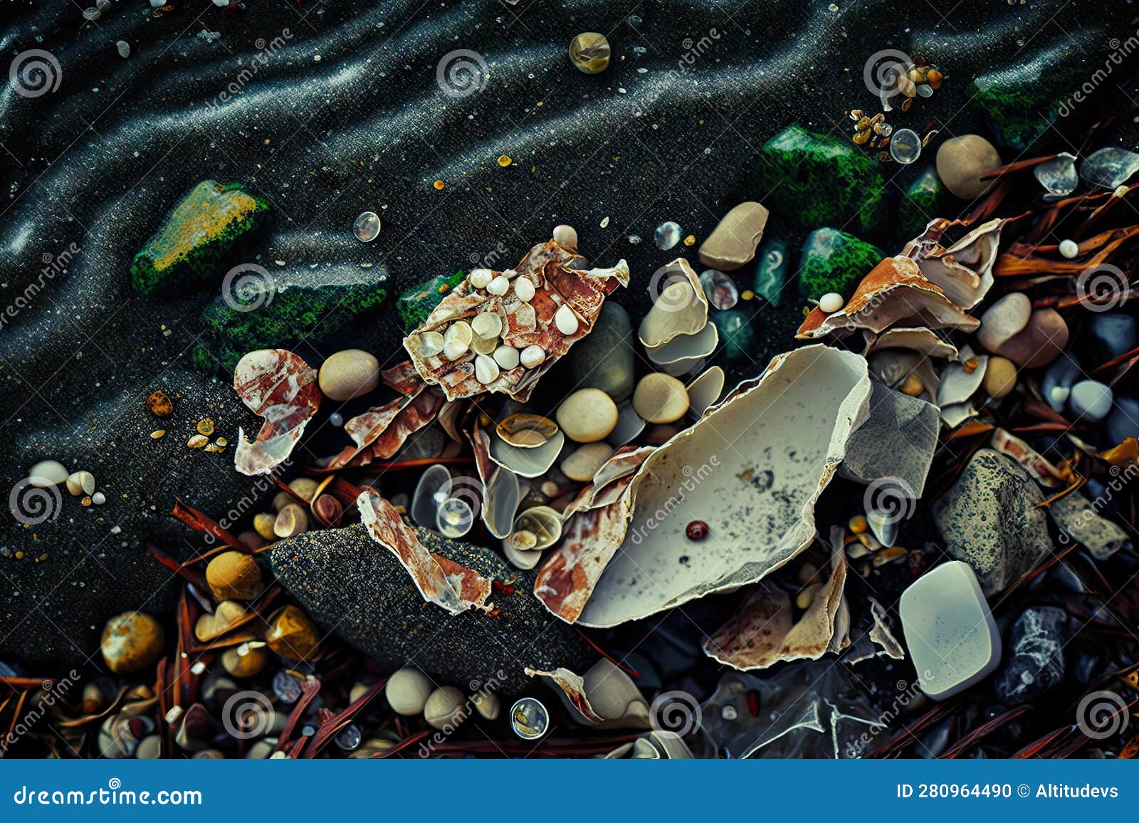 Messy Ocean Shoreline with Broken Shells and Seaweed Visible Stock ...