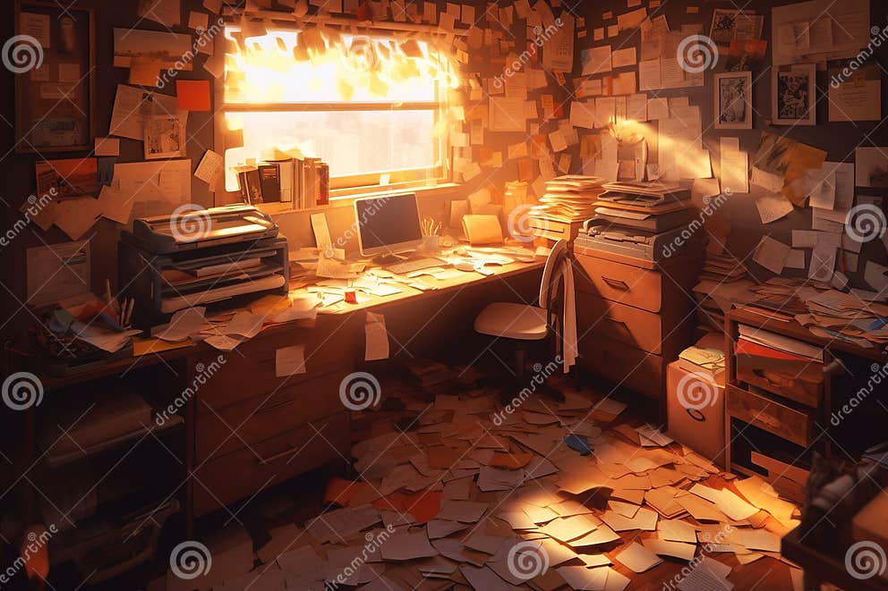 Messy Office with Computer Desk Full of Paperwork Everywhere. Stock ...