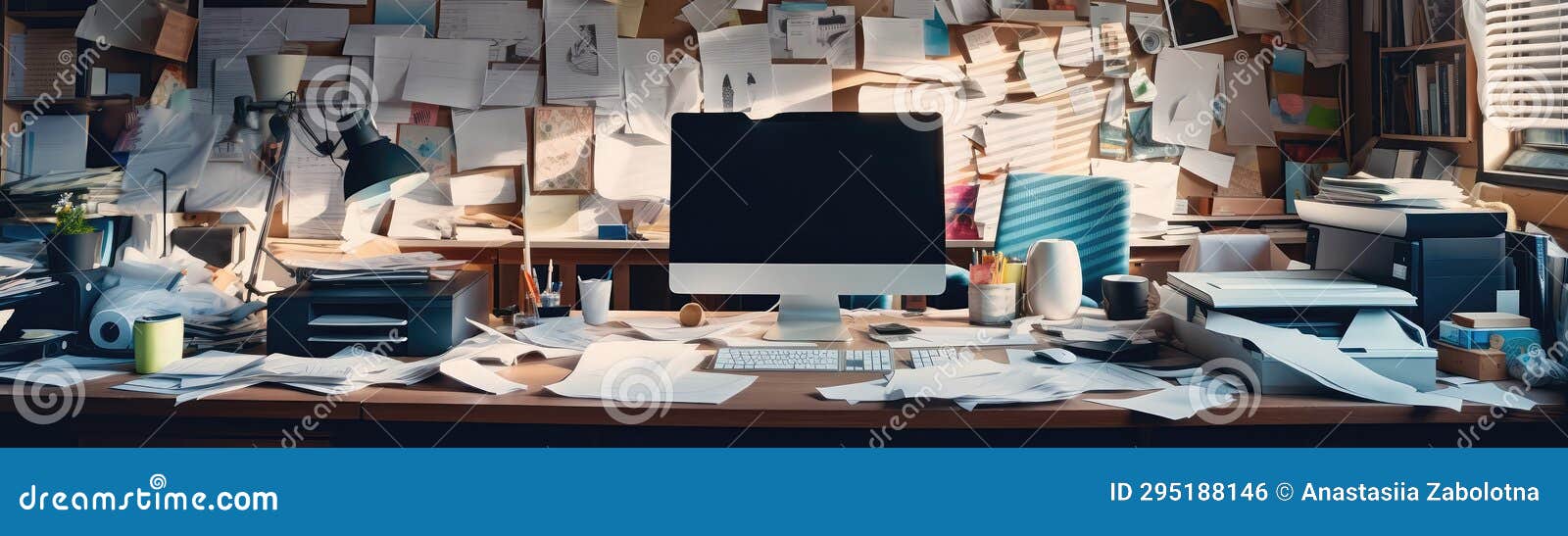 Messy Office with Computer and Lots of Papers Panoramic Banner Stock ...