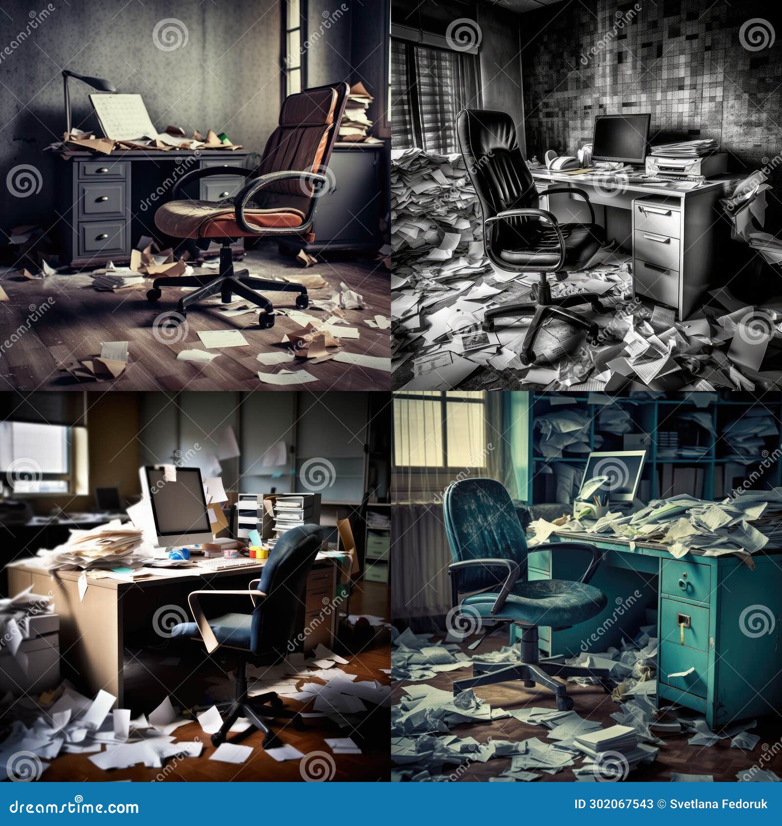 4 Office Littered with Papers, Computer Stock Illustration ...
