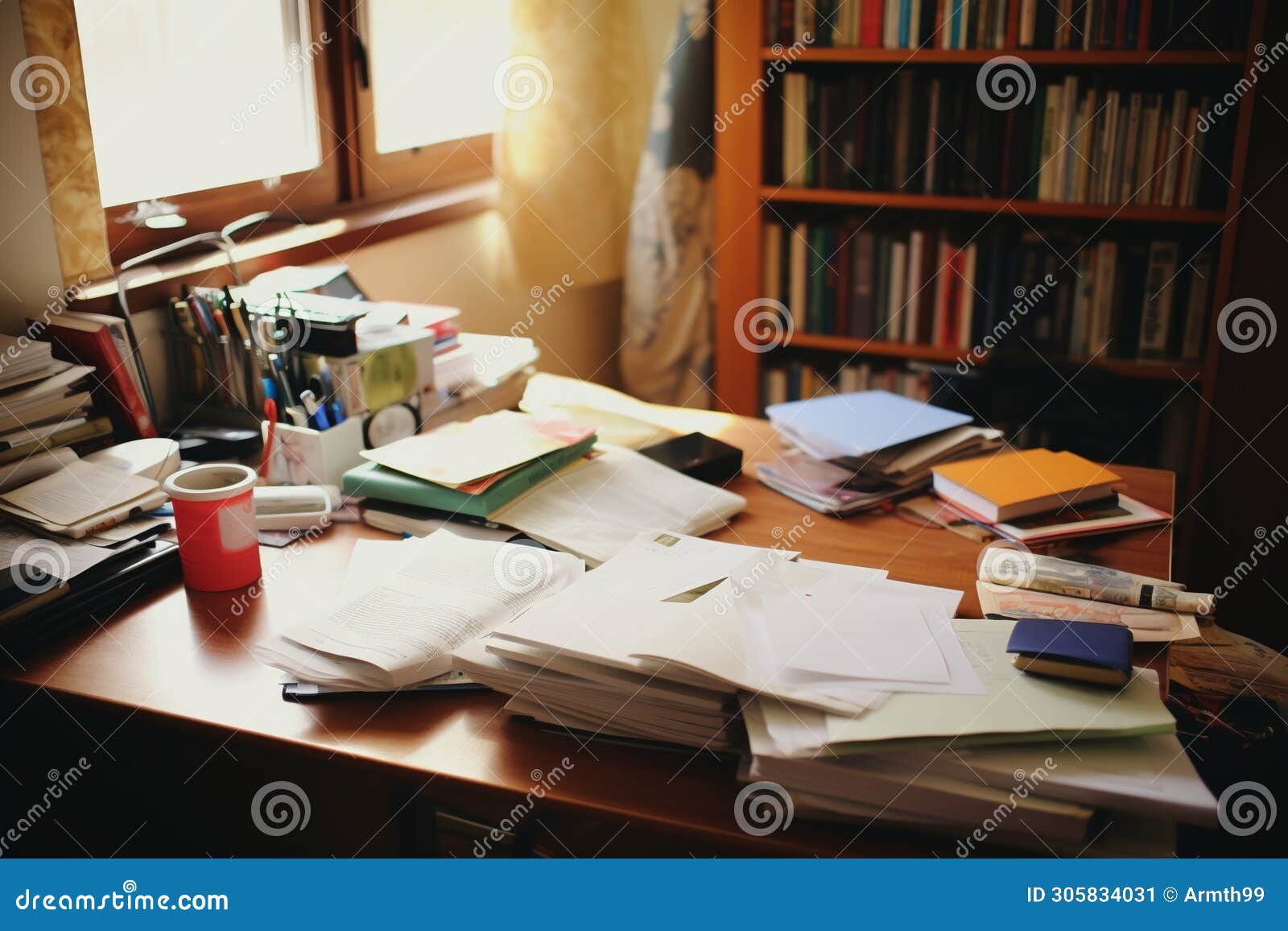 Messy Office Desk with Lots of Papers and Books on it Stock ...