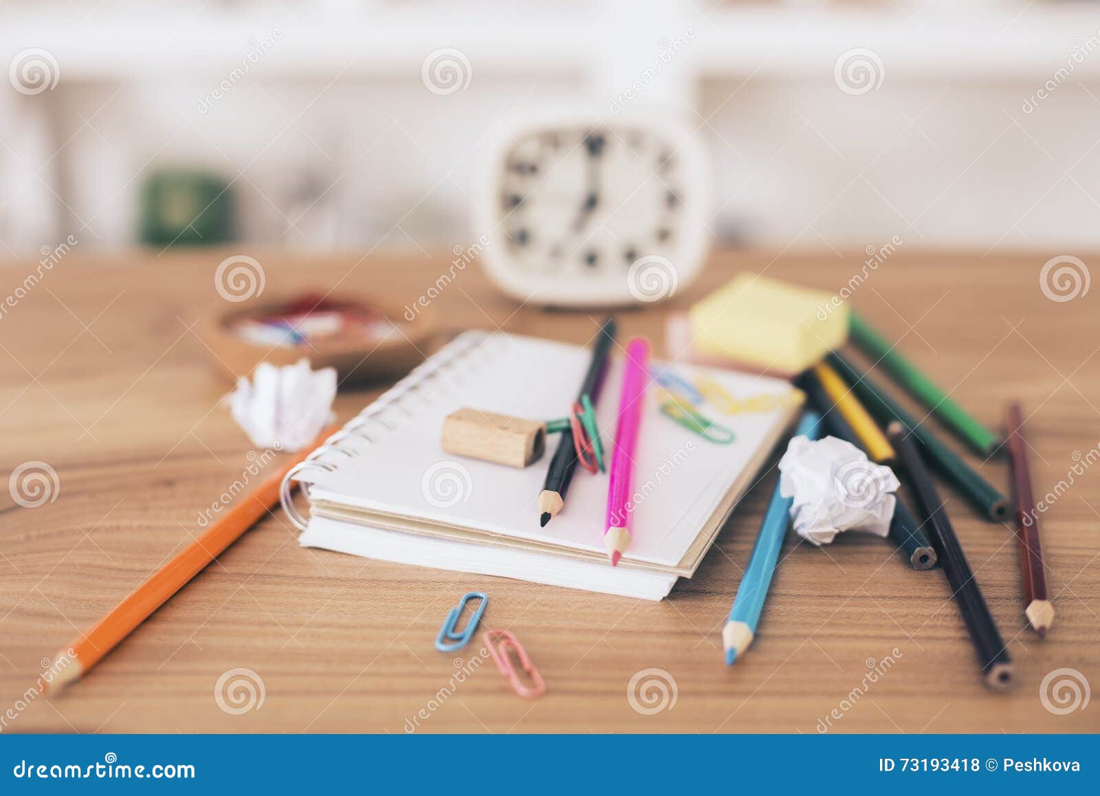 Messy office desktop stock photo. Image of indoor, colorful - 73193418