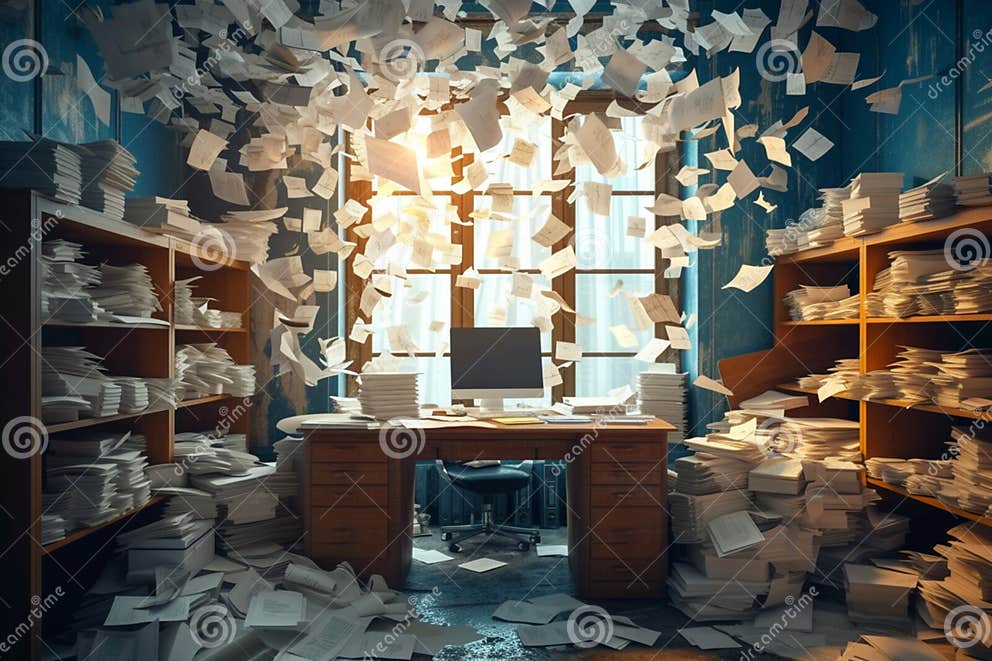 Messy Office Environment with Documents Flying in Disarray Stock ...