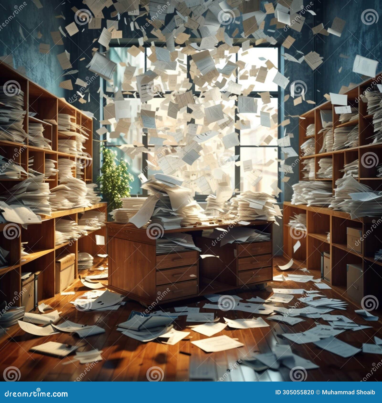 Messy Office Environment with Documents Flying in Disarray Stock ...
