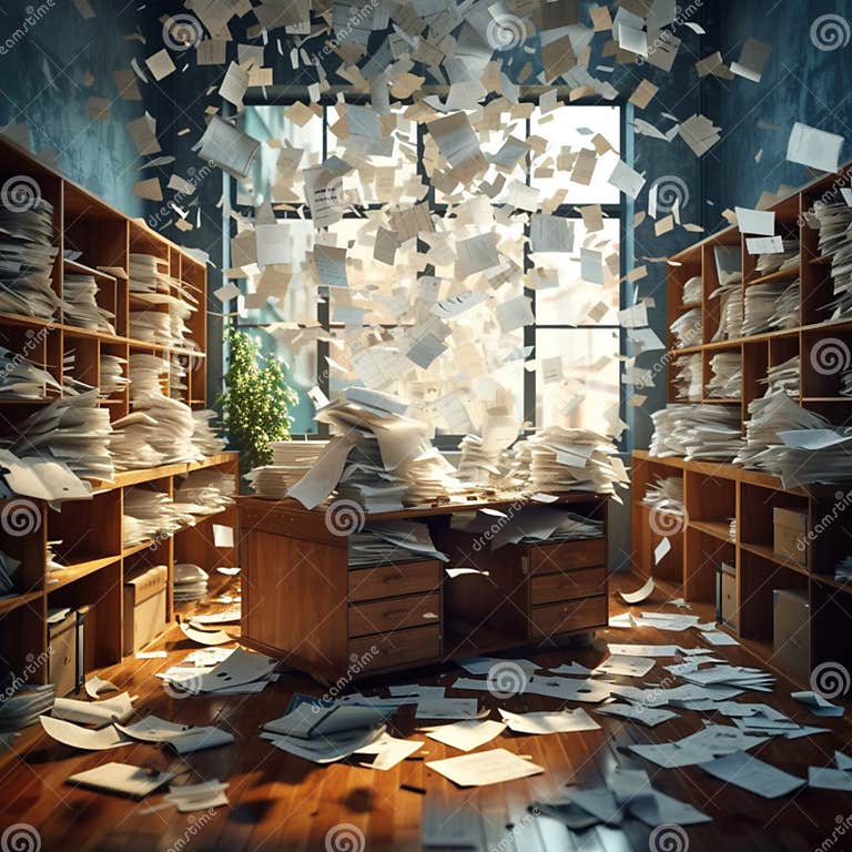 Messy Office Environment with Documents Flying in Disarray Stock ...