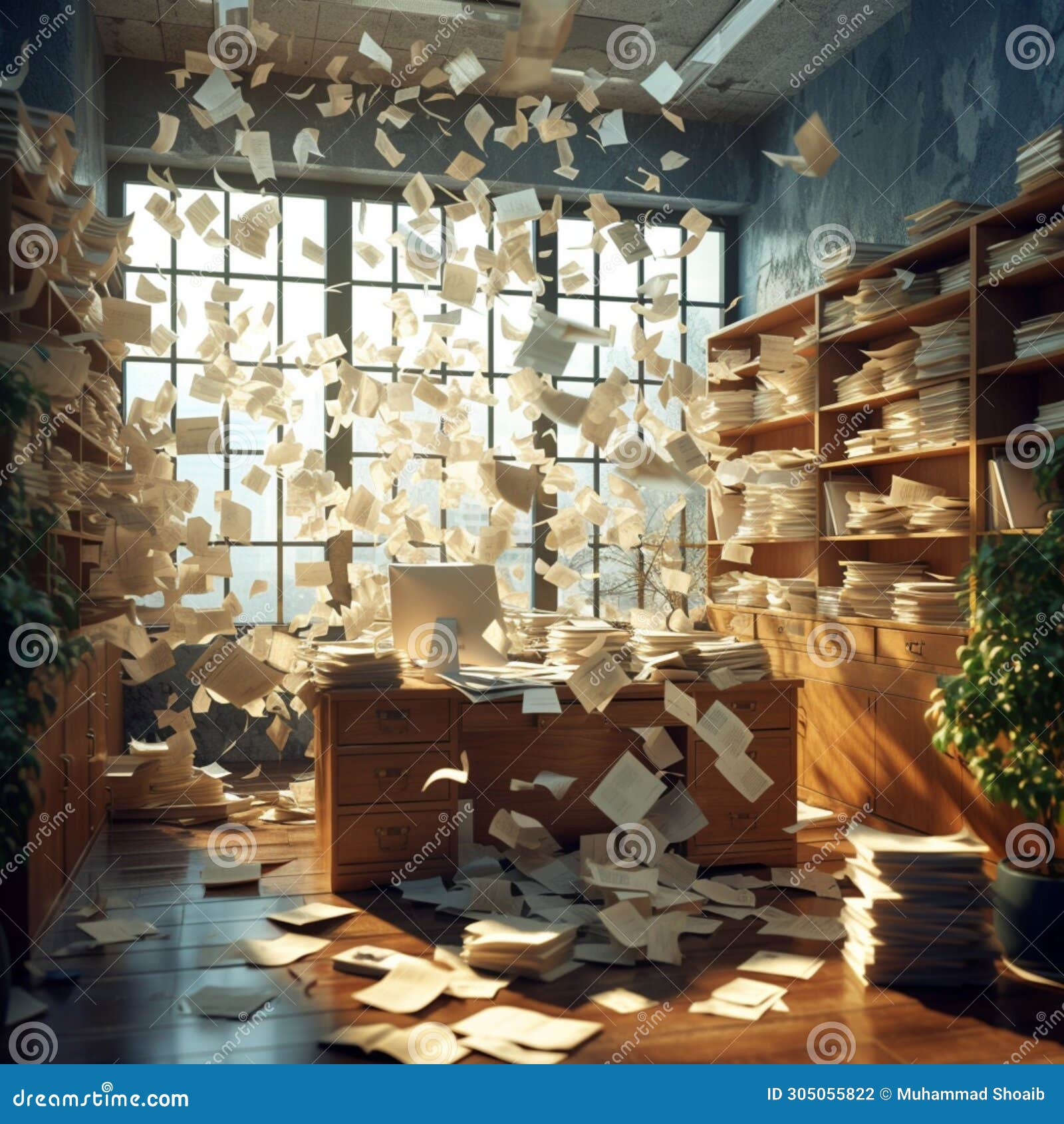Messy Office Environment with Documents Flying in Disarray Stock ...