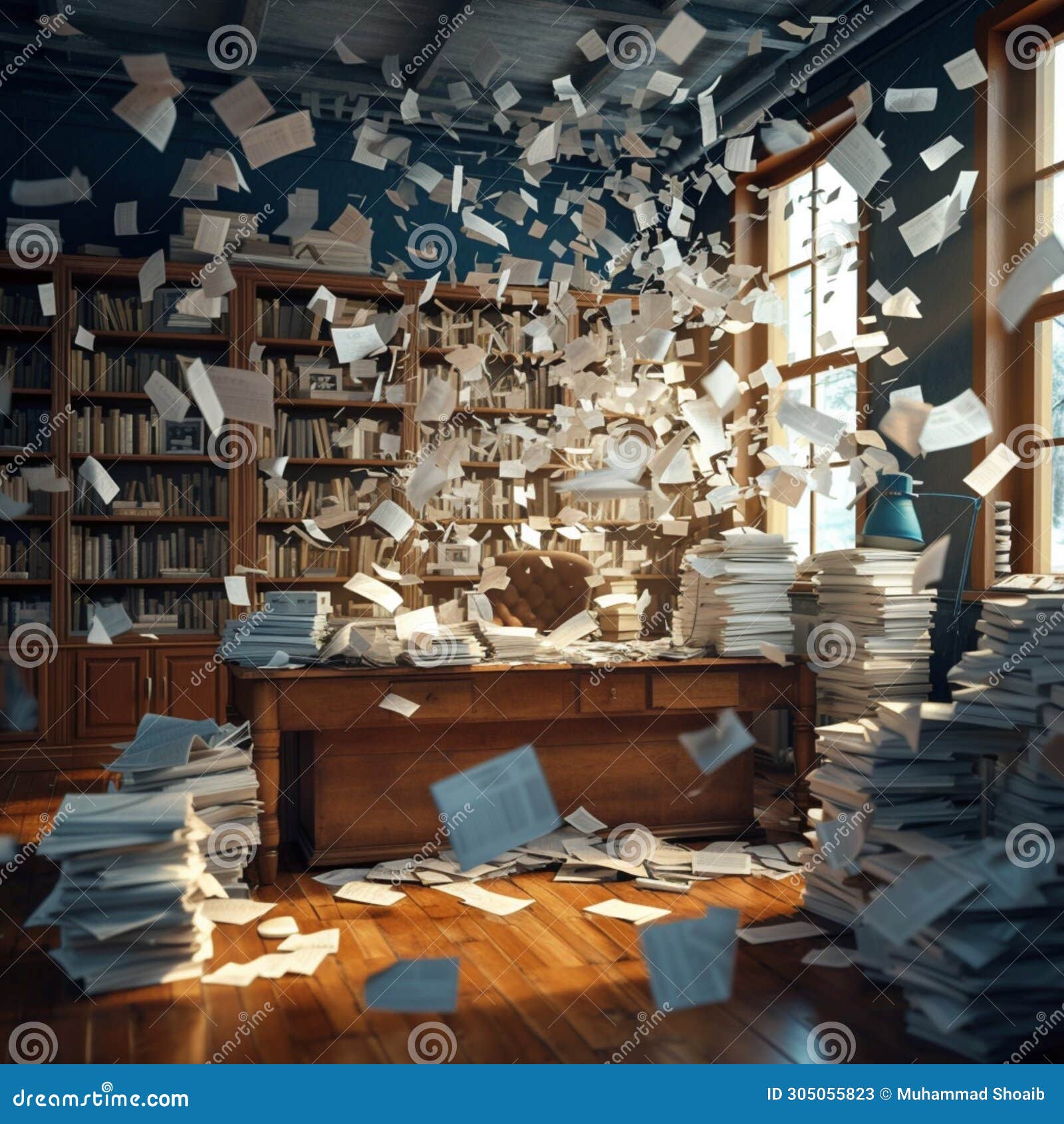 Messy Office Environment with Documents Flying in Disarray Stock ...