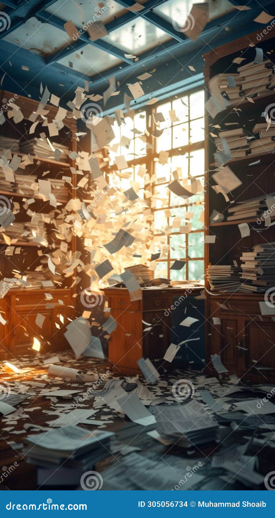 Messy Office Environment with Documents Flying in Disarray Stock ...