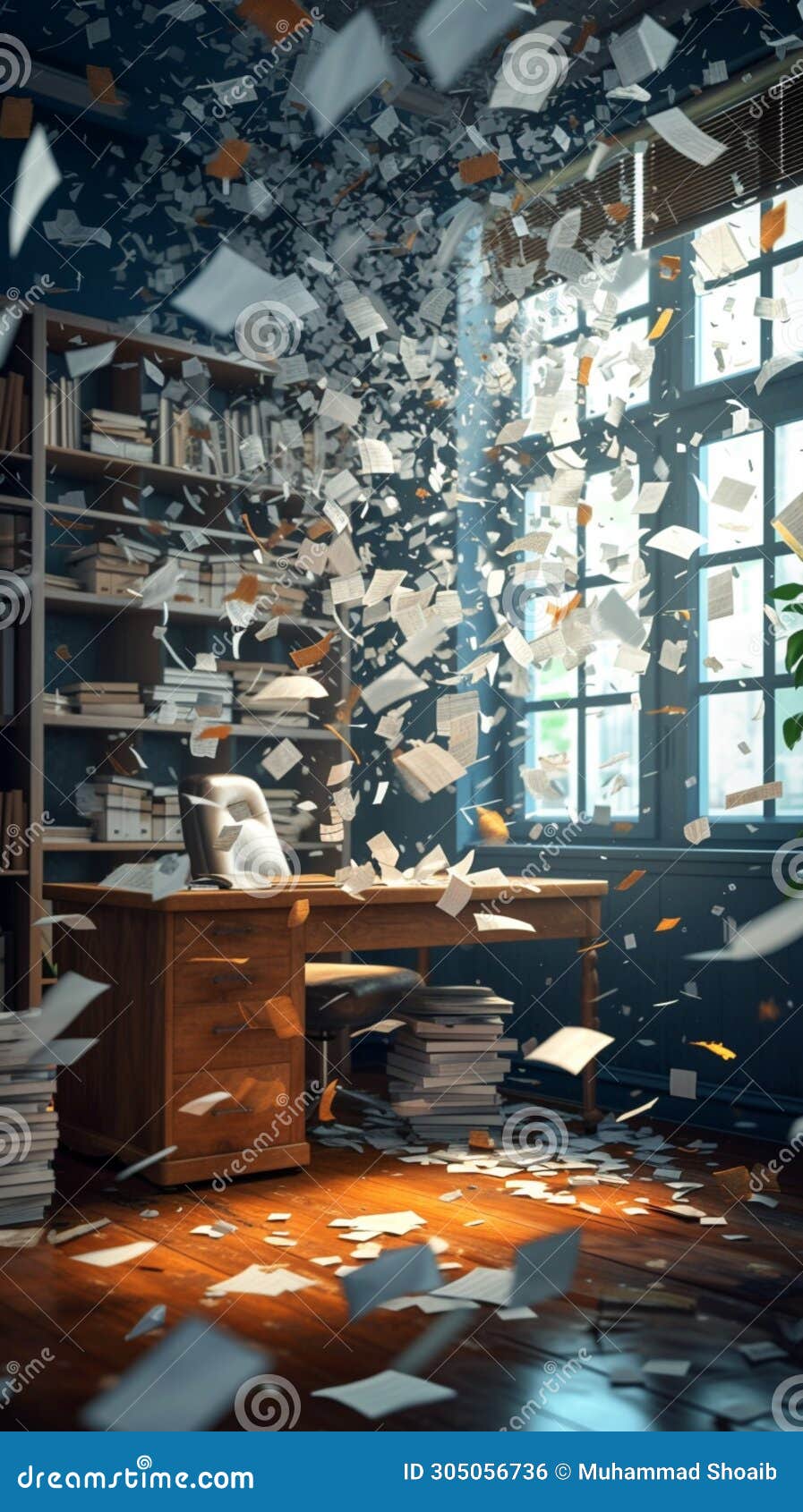 Messy Office Environment with Documents Flying in Disarray Stock ...