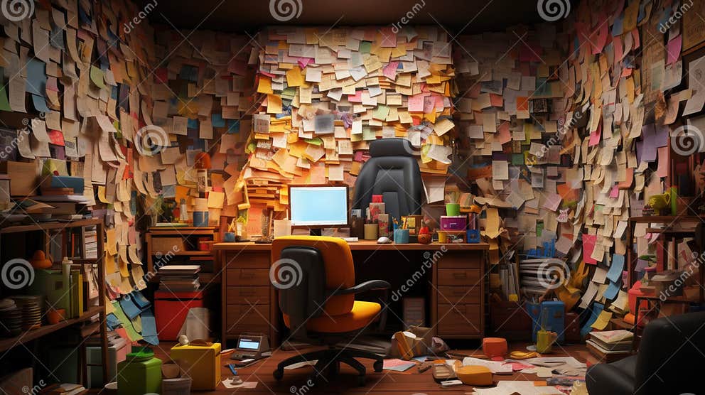 A Messy Office with Lots of Sticky Notes, AI Stock Image - Image of ...