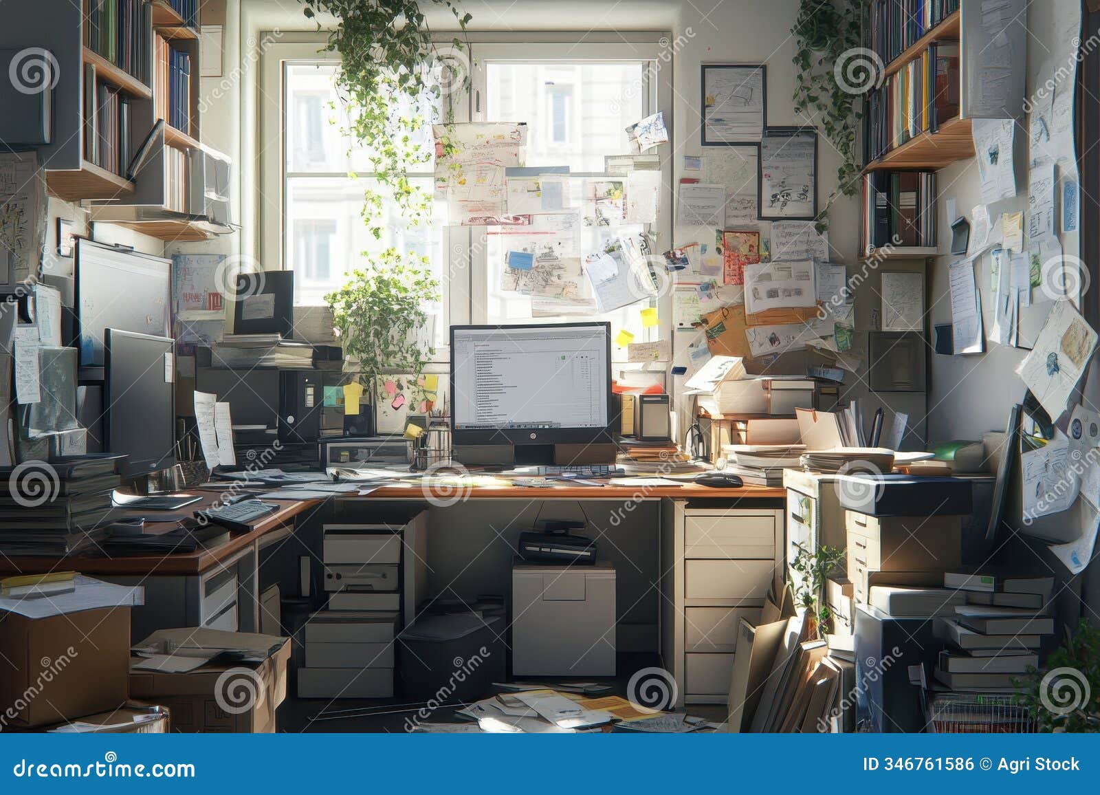 A Messy Office Space with a Computer, Books, and Papers Stock ...