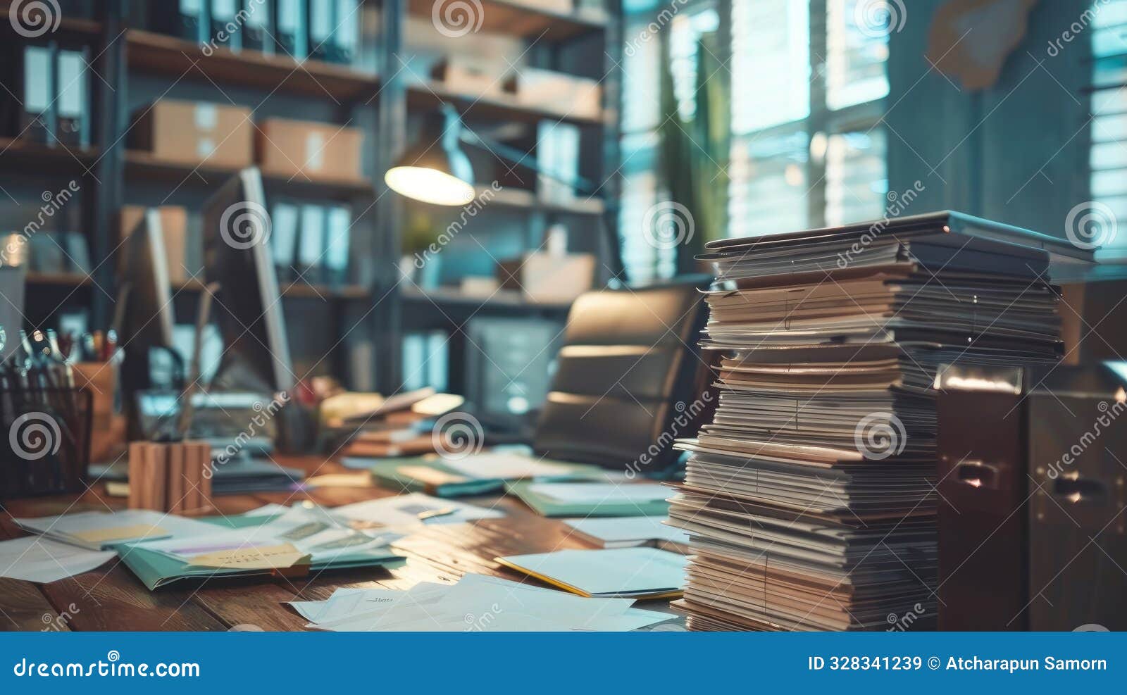 A Messy Office with a Stack of Papers on a Desk Stock Illustration ...