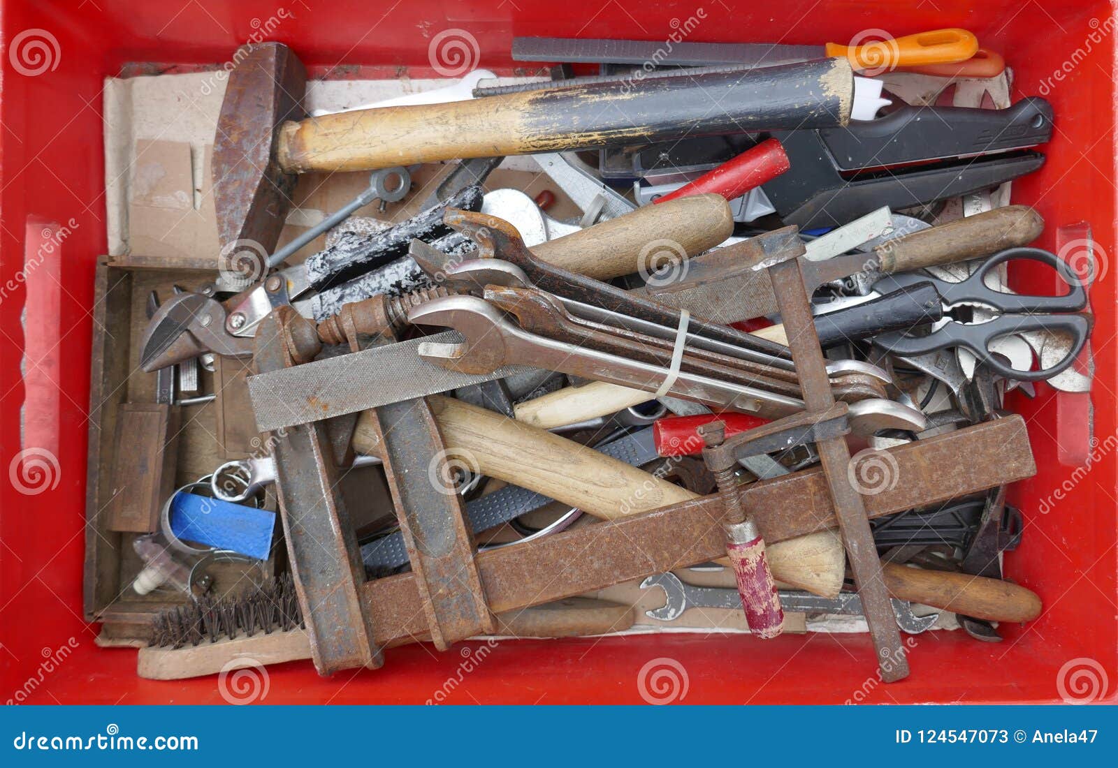 Messy Old Rusty Hand Tools in a Red Plastic Box Stock Image - Image of ...