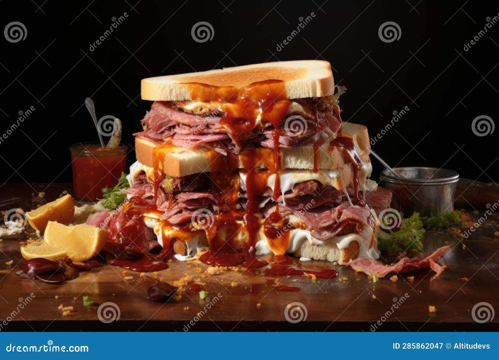 A Messy, Overflowing Sandwich with Sauce Dripping Stock Image - Image ...