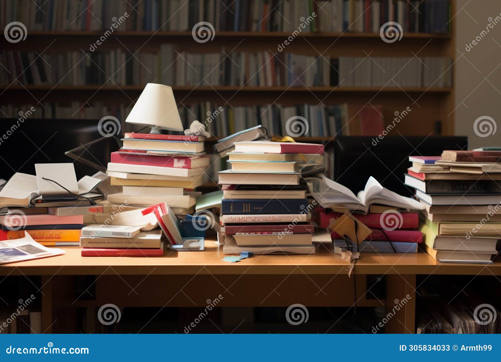 Messy Pile of Books on Table in Library, Education Concept Stock ...
