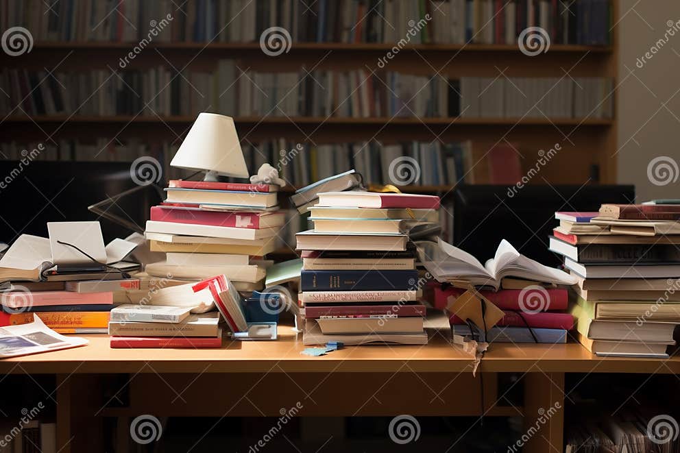 Messy Pile of Books on Table in Library, Education Concept Stock ...