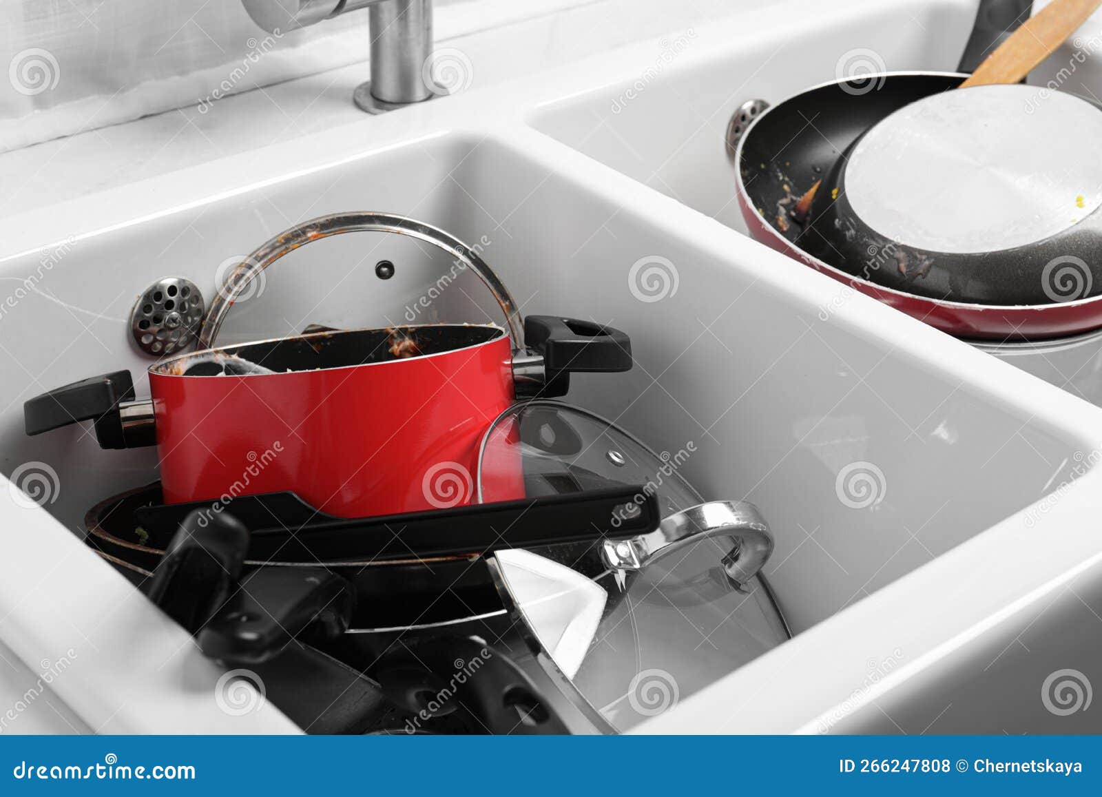 Messy Pile of Dirty Kitchenware in Sink Stock Photo - Image of cookware ...