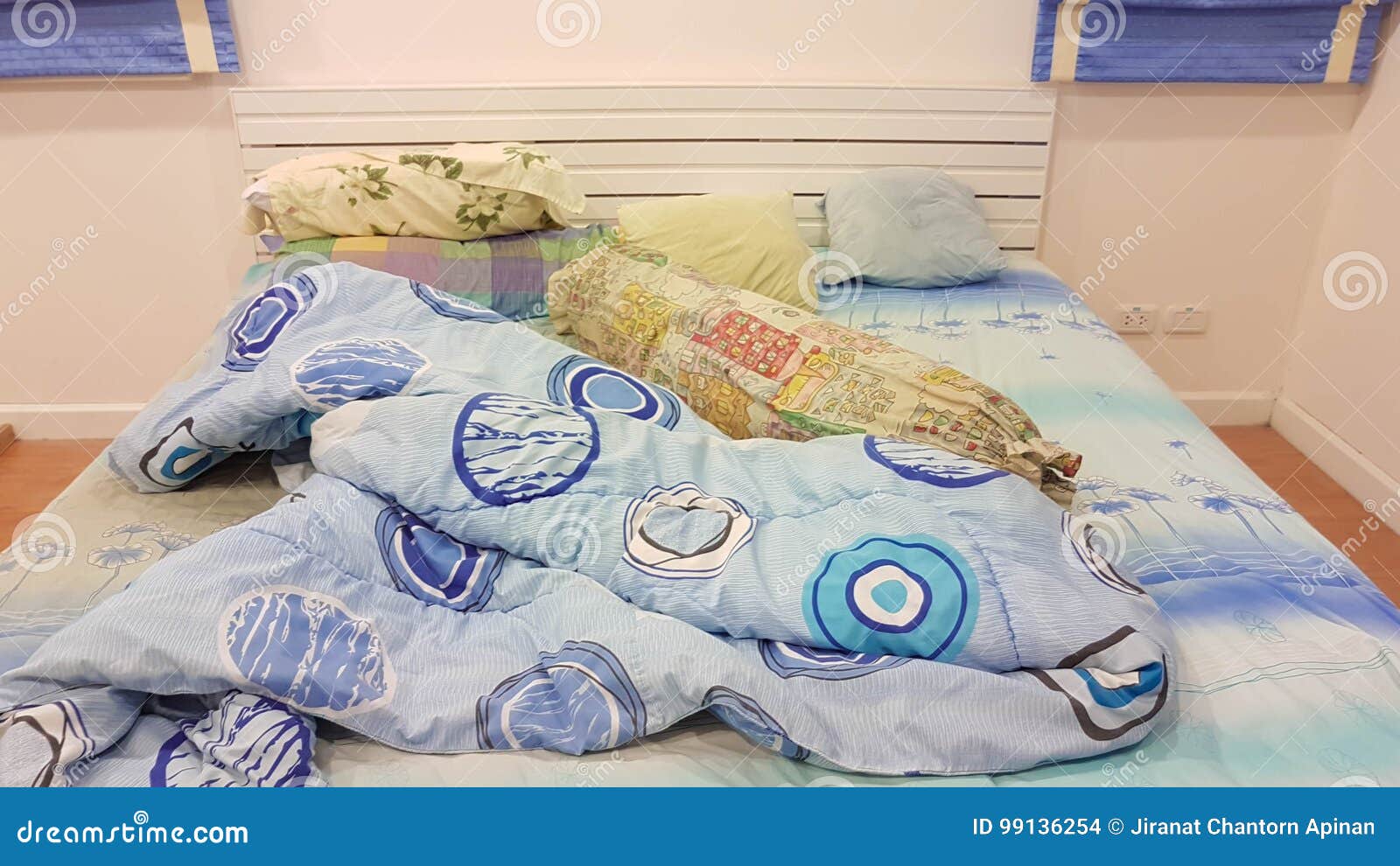 The Messy of Pillow and Blanket on the Bed Stock Photo - Image of ...