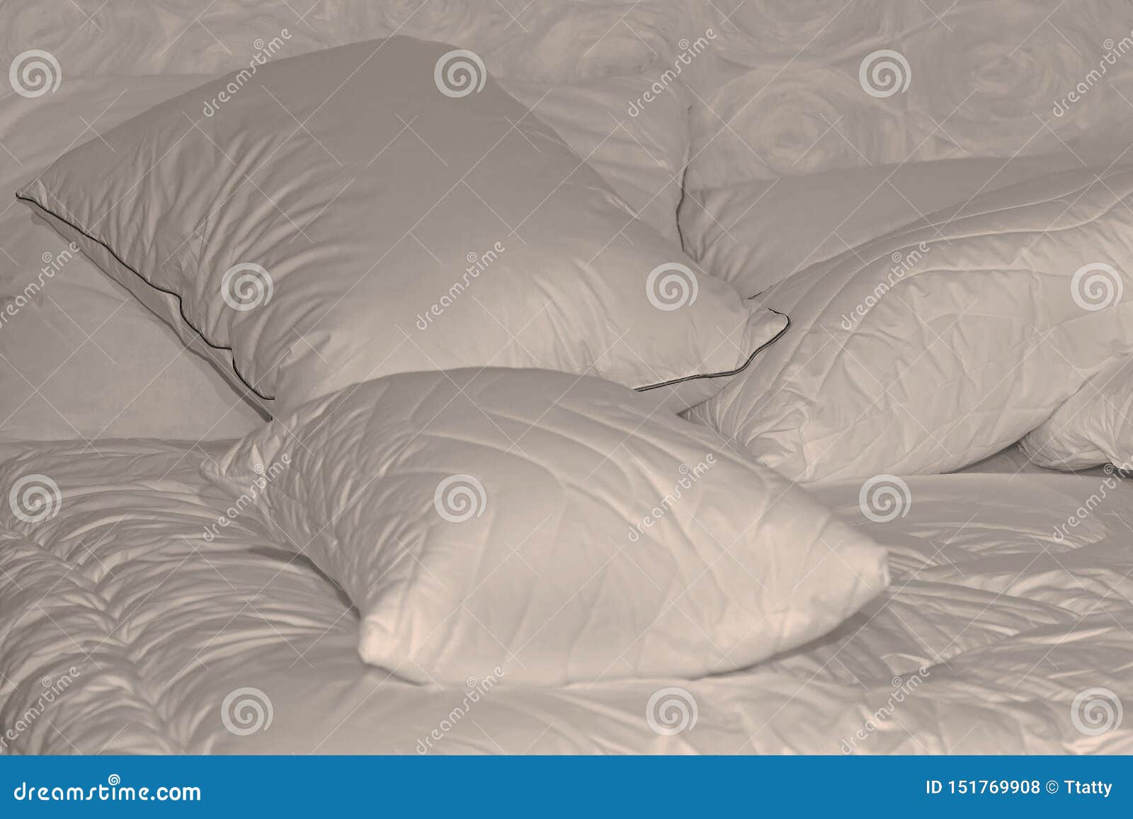 Messy pillows inside bed stock photo. Image of comfortable - 151769908