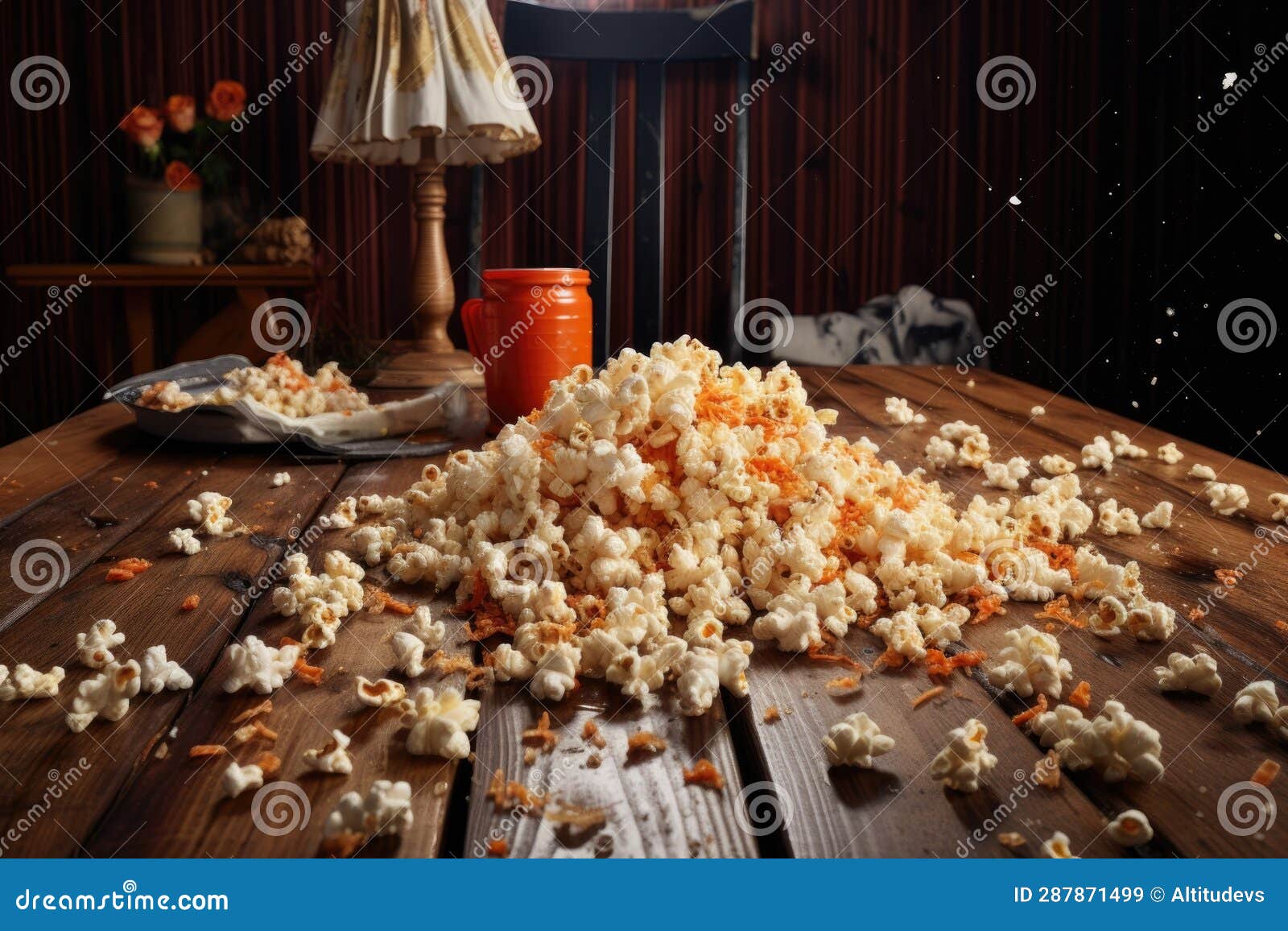 Messy Popcorn Scattered on a Wooden Table Stock Illustration ...