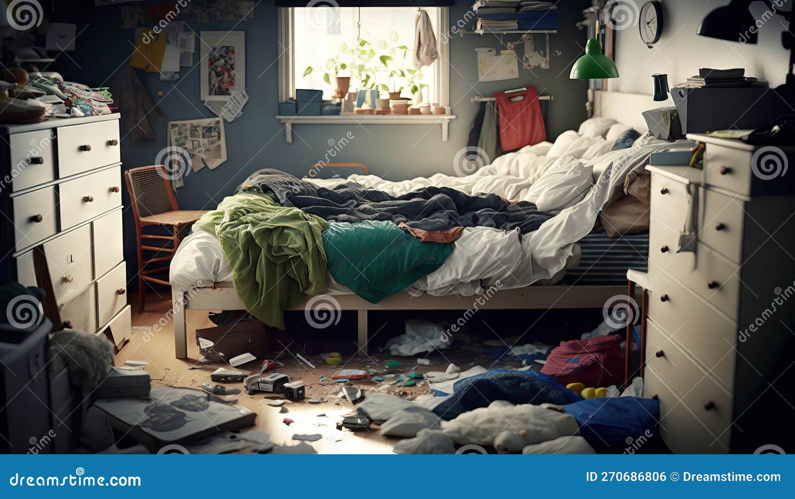 Messy room. Generative AI stock illustration. Illustration of blanket ...