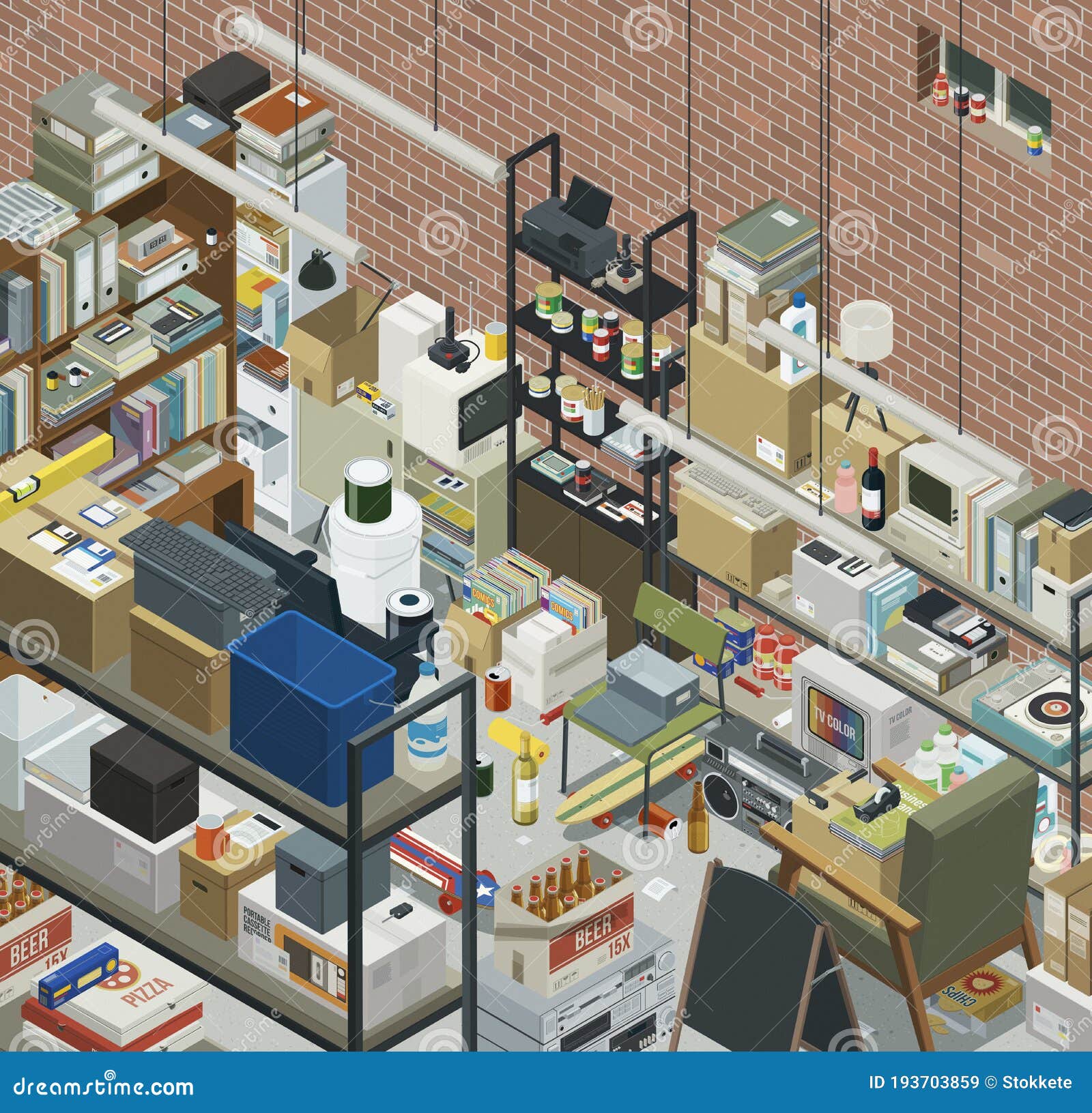 Messy Storage Room with Vintage Objects and Junk Stock Illustration ...