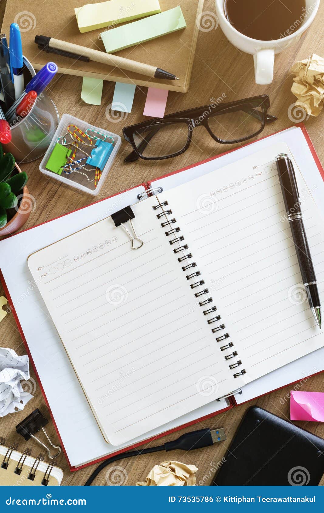 Messy Table with Blank Note and Tools Stock Photo - Image of notebook ...