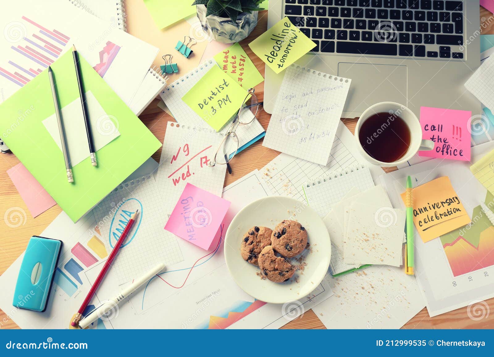 Messy Table with Laptop, Cookies and Tea, Flat Lay. Concept of Being ...