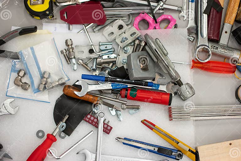 Messy Tool Desk Top View Scattered and Unorganized Work Tools No People ...