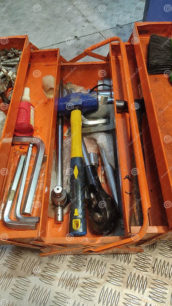 Messy Tools in the Orange Toolbox on the Floor Stock Image - Image of ...