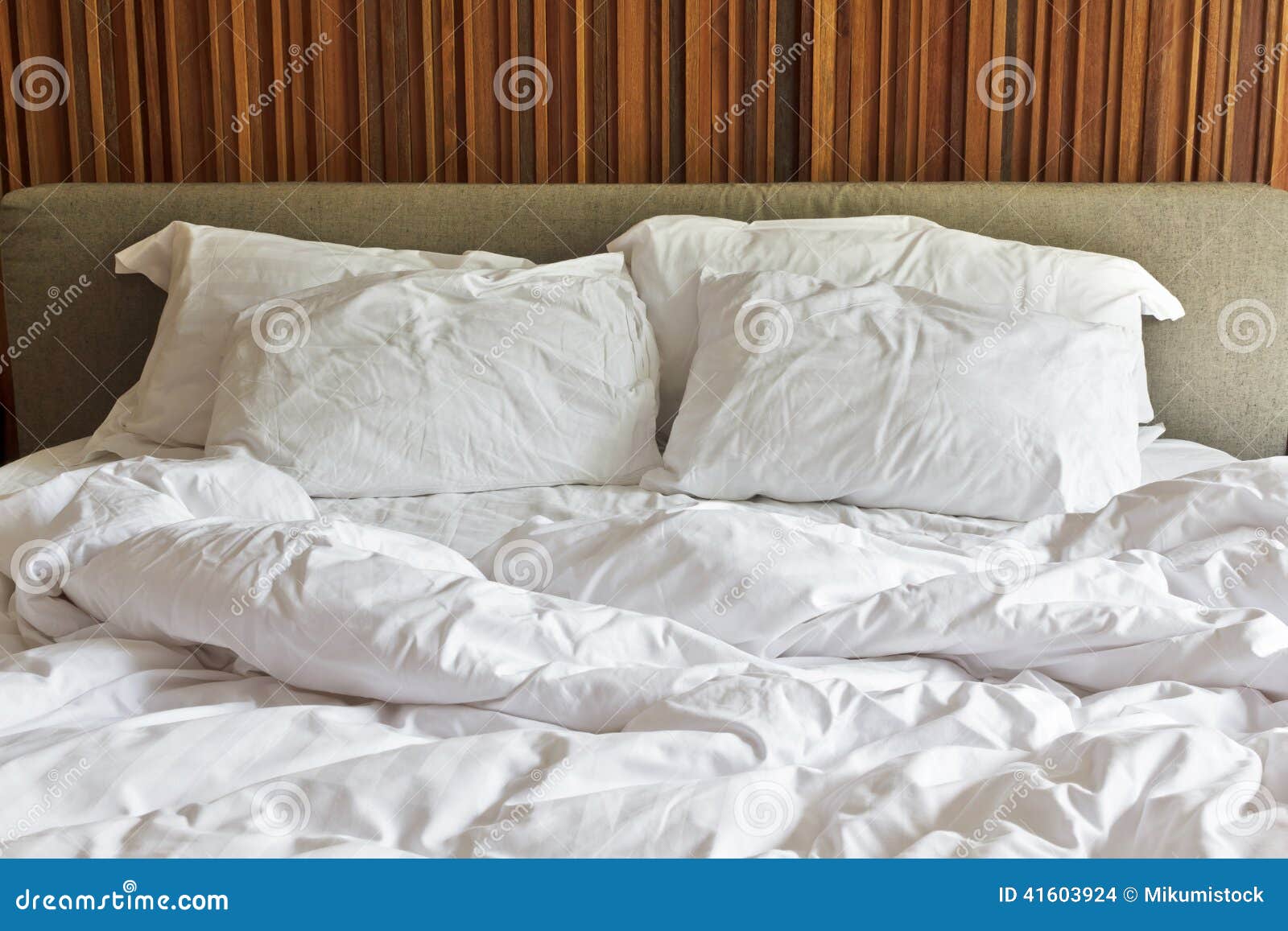 Messy White Bed and Two Pillow Stock Photo - Image of room, closeup ...