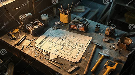A Messy Workbench with Tools and a Blueprint, Showcasing a Carpenter S ...