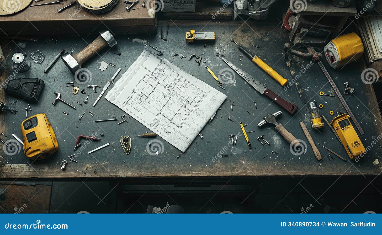 A Messy Workbench With Tools, Nails, And A Blueprint Stock Photography ...