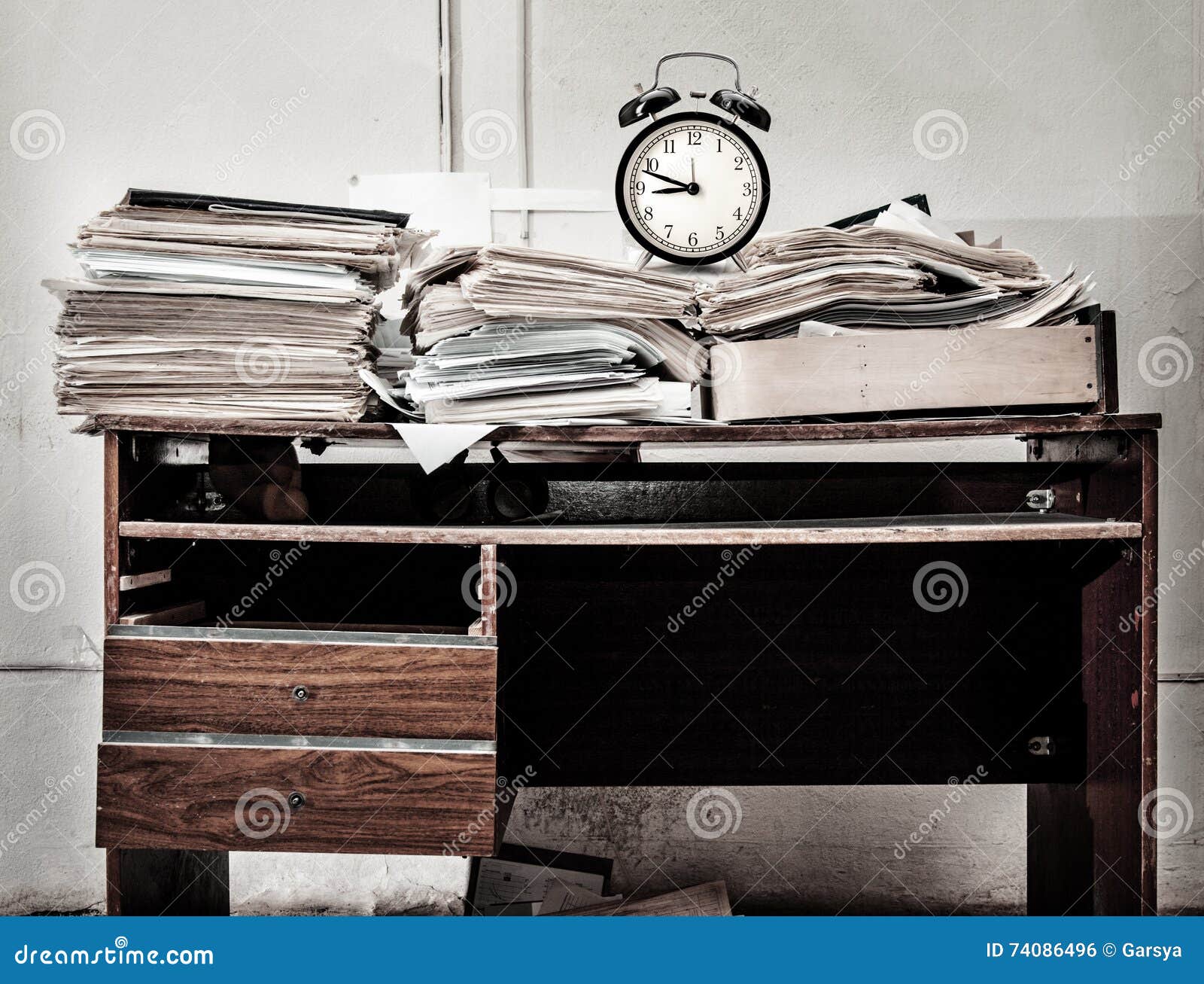 Messy Workplace and Alarm Clock Stock Photo - Image of file, bell: 74086496