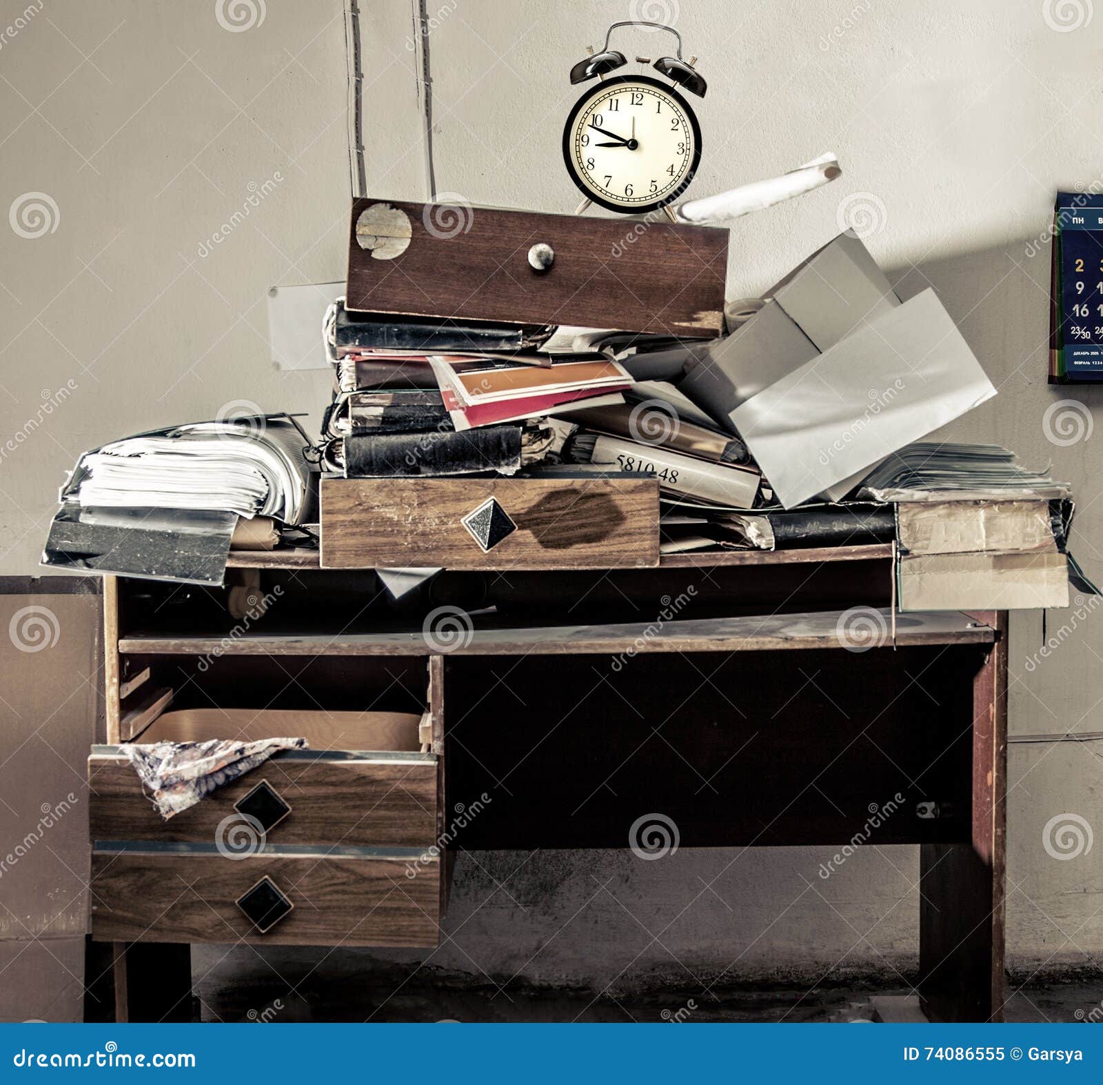 Messy Workplace and Alarm Clock Stock Image - Image of alarm, journal ...