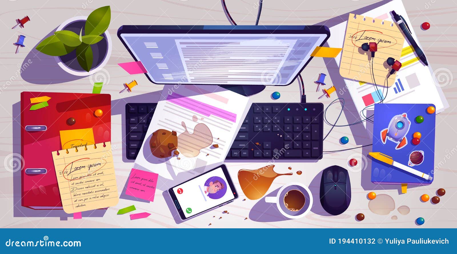 Messy Workplace Top View, Clutter Office Desk Vector Illustration ...