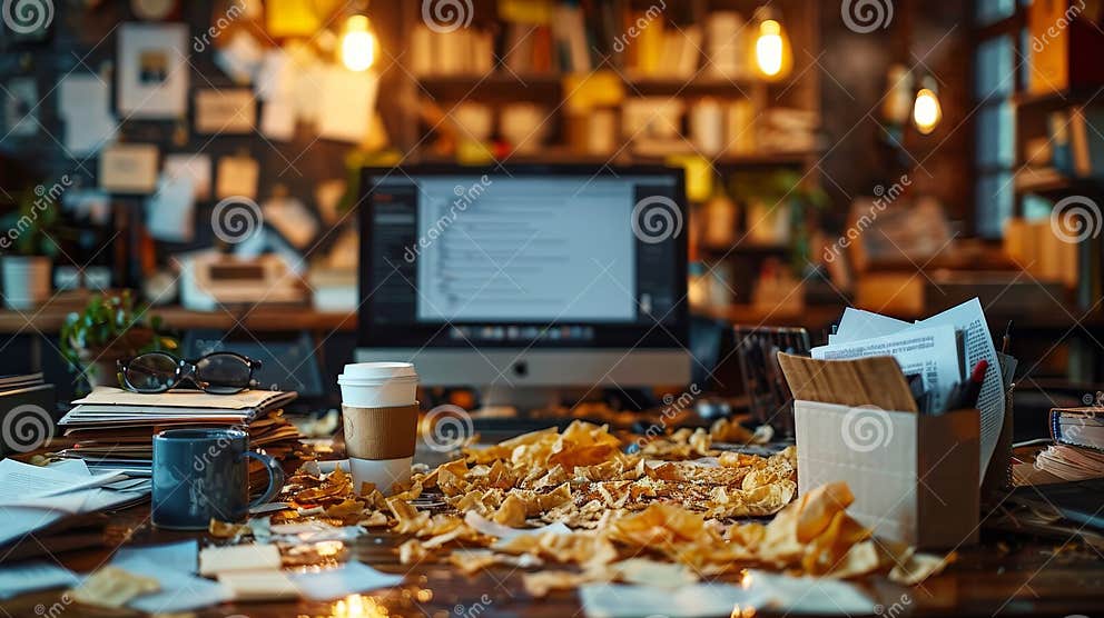 Messy Workspace with Computer, Coffee, and Papers Stock Illustration ...