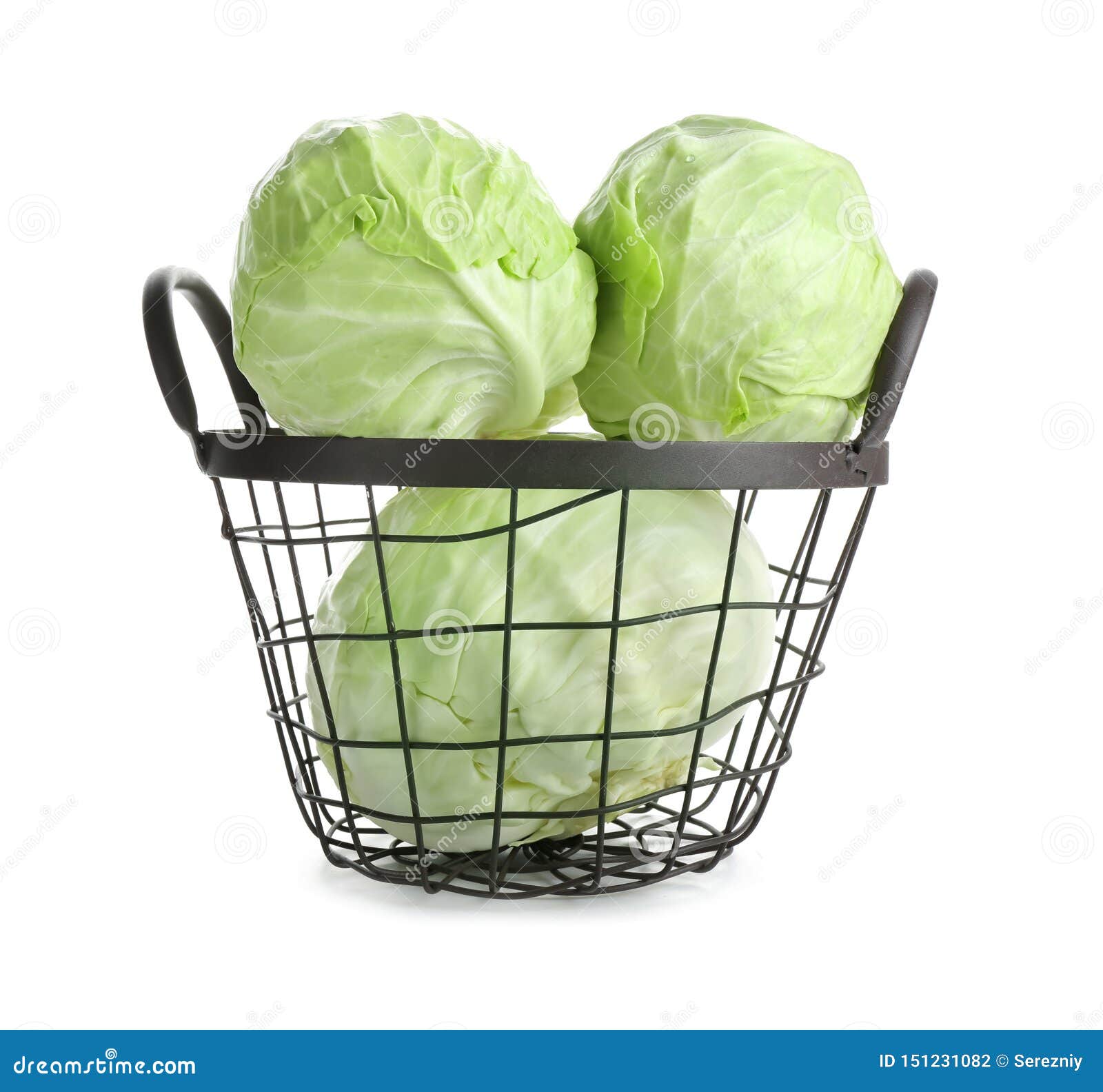Metal Basket with Fresh Cabbage on White Background Stock Photo - Image ...