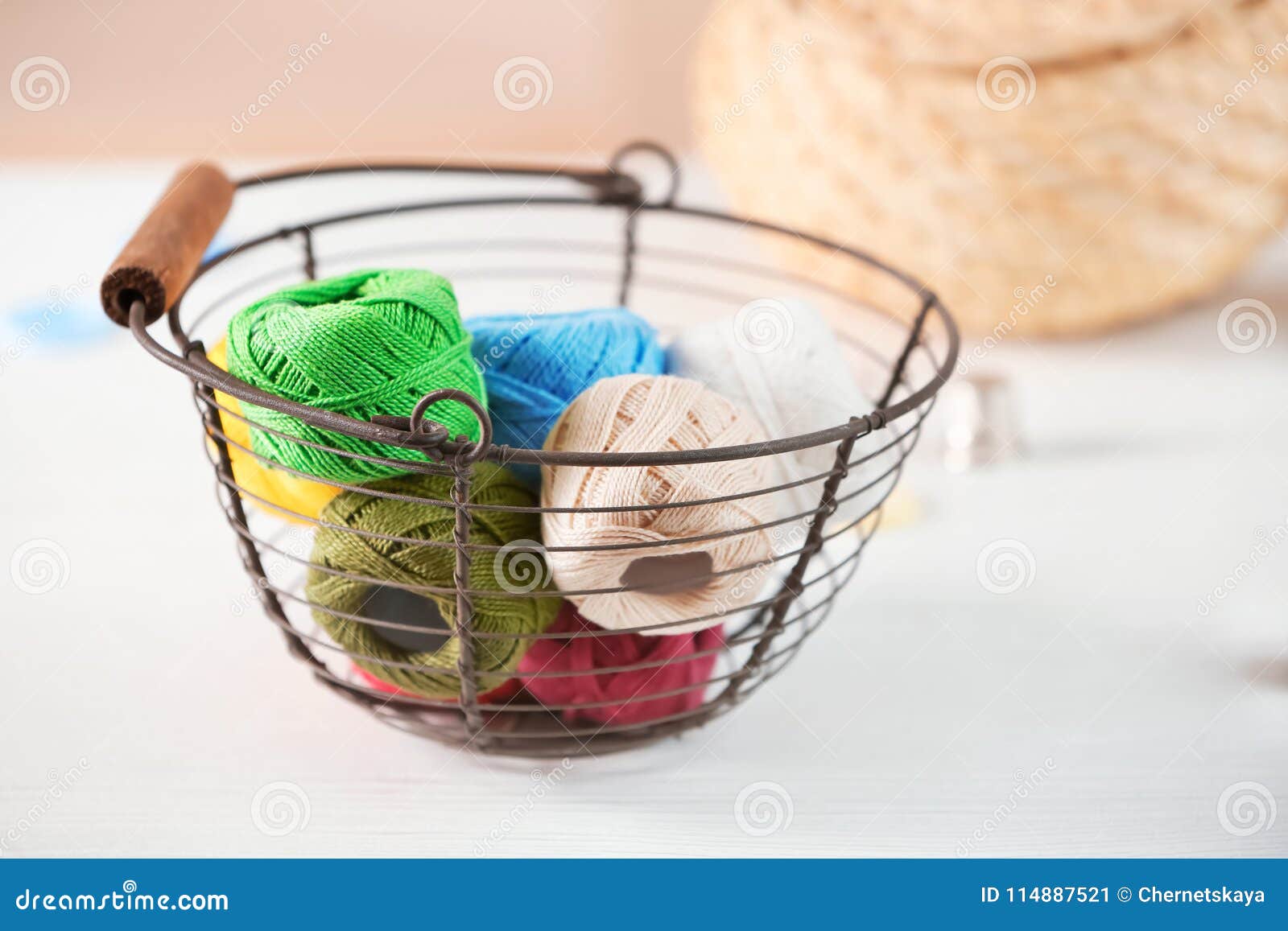 Metal Basket with Knitting Threads Stock Image - Image of background ...