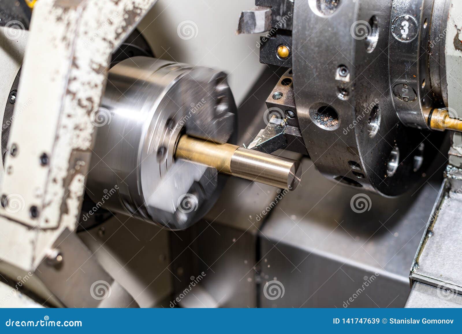 Metal Blank Machining Process on Lathe with Cutting Tool Stock Image ...
