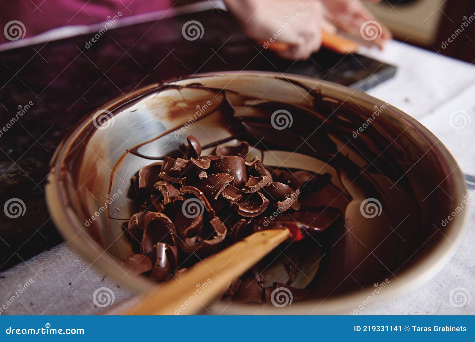 Metal Bowl with Dark Chocolate and Cooled Melted Chocolate Mass Stock ...
