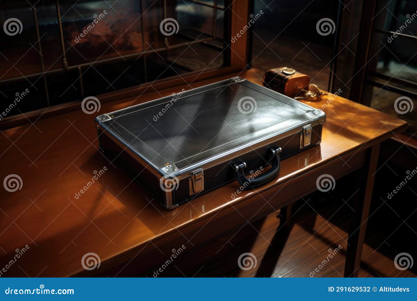 Metal briefcase to a table stock photo. Image of business - 291629532
