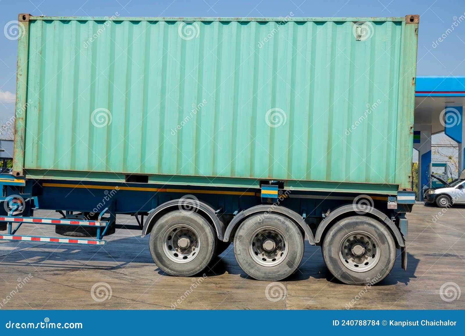 A Metal Cargo Container On Truck Trailer Parked. Container On Trailer ...