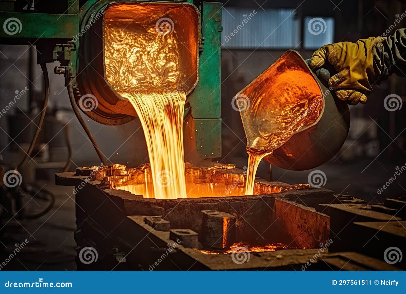 Metal Casting Process in Progress, with Molten Metal Being Poured into ...