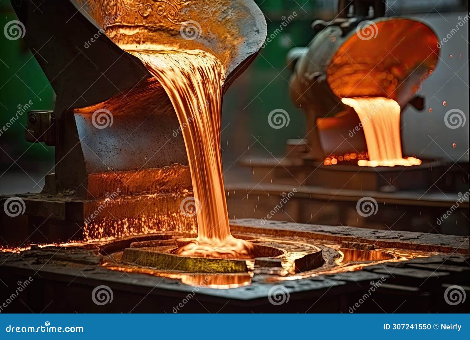 Metal Casting Process in Progress, with Molten Metal Being Poured into ...