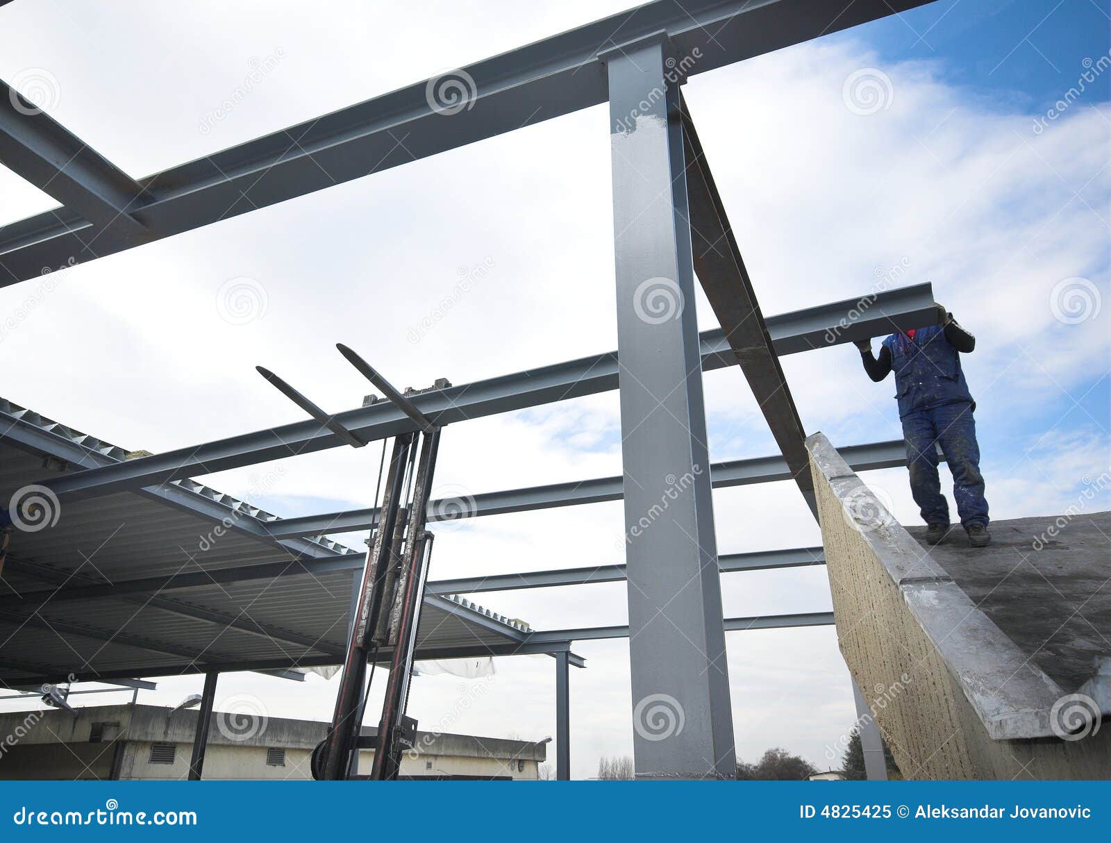 Metal Construction, Worker and Forklift Stock Image - Image of ...