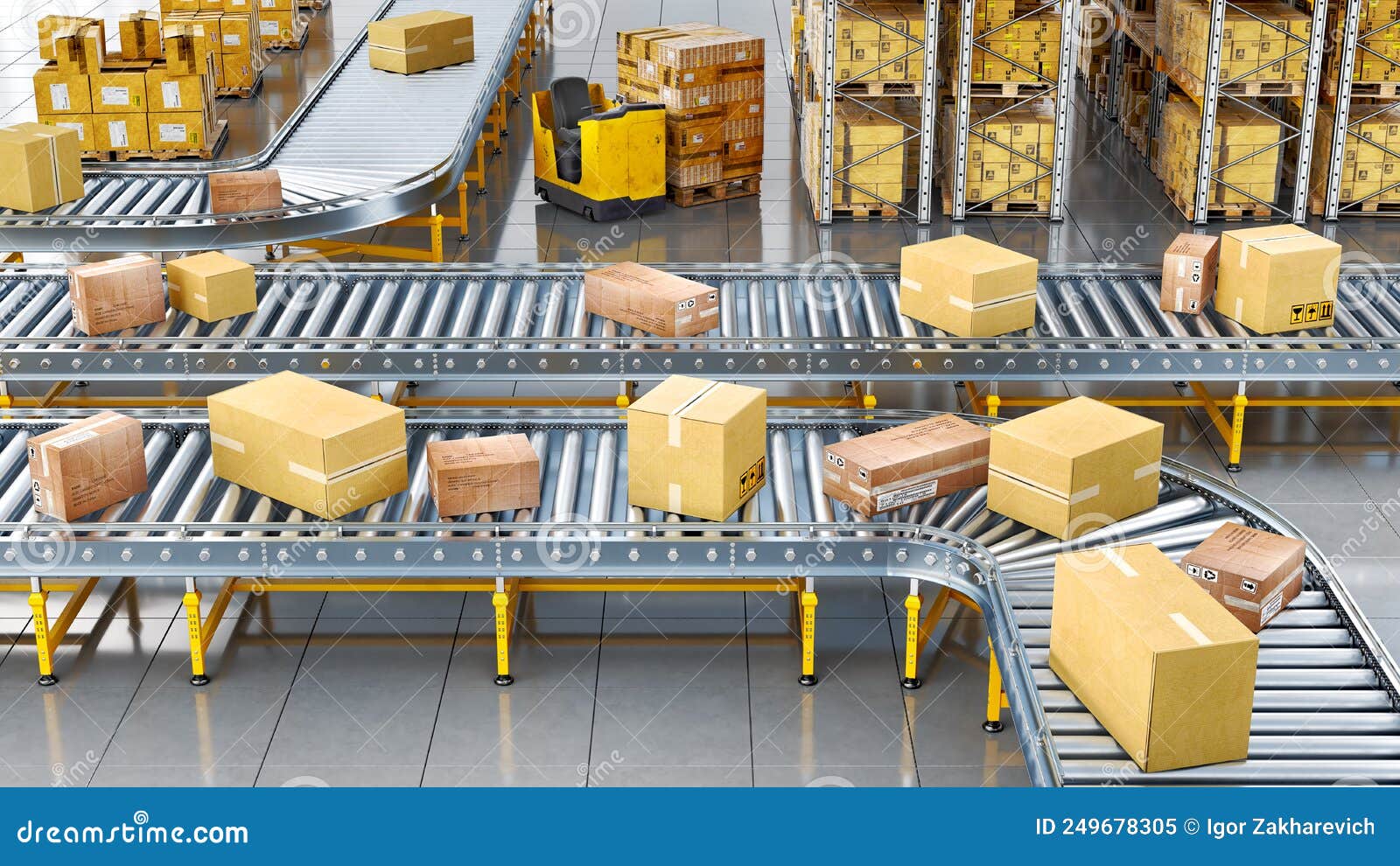 Metal Conveyers Move Boxes Inside the Warehouse with Shelves and Loader ...