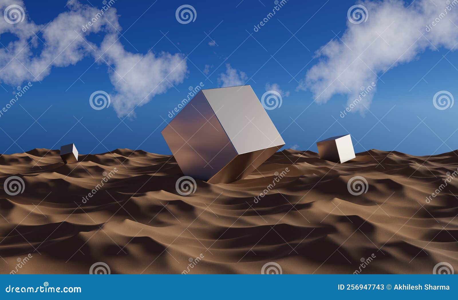 Metal Cube in Desert - Abstract Futuristic 3D Illustration Render Stock ...