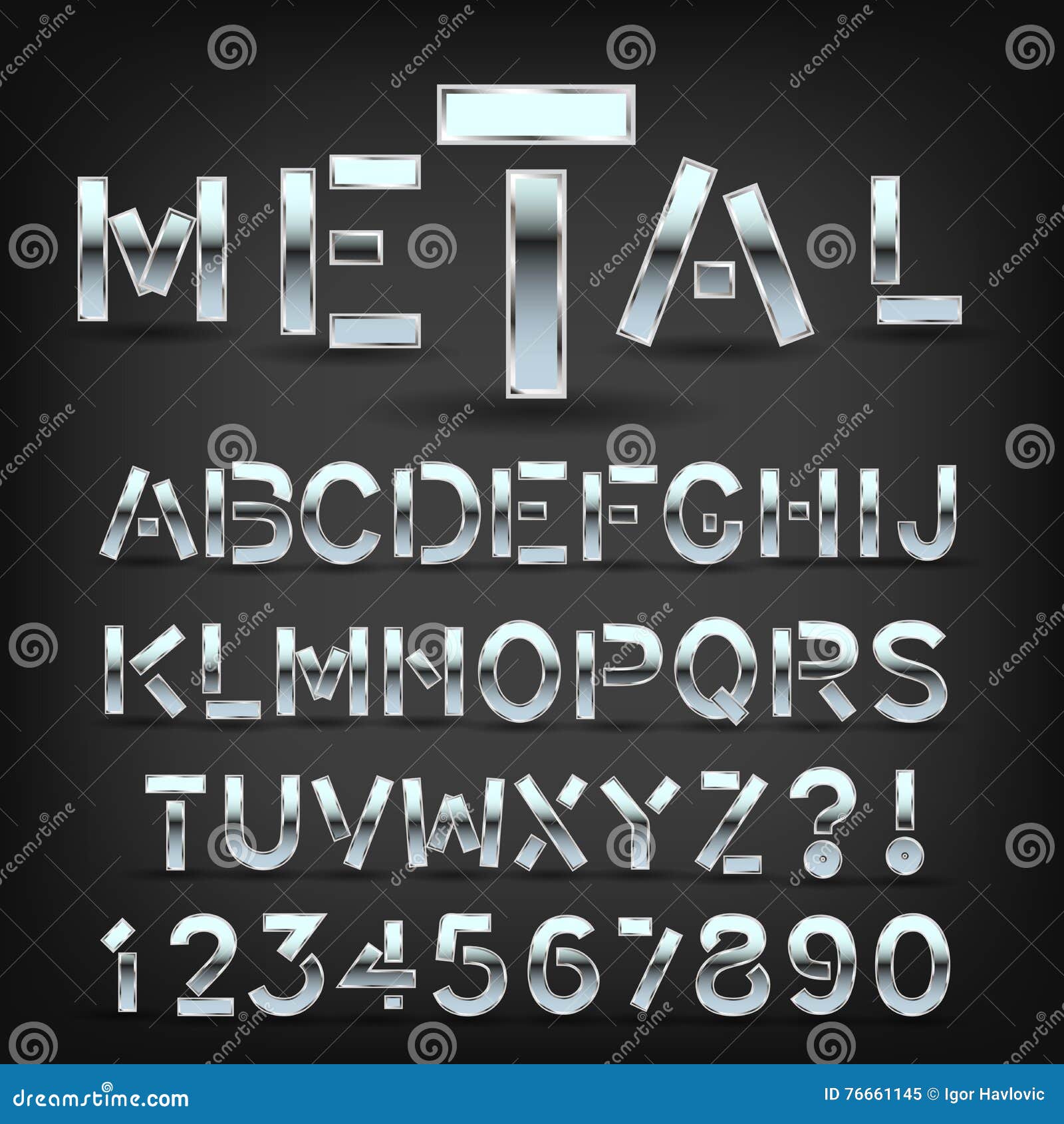 Metal Font with Shadow on Black Background. Chrome Typeface Symbols and ...