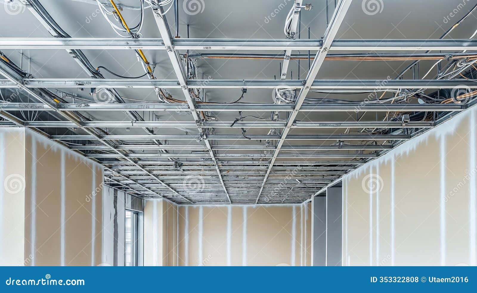 Metal Frame of Suspended Ceiling with Electrical Wires and Pipes ...